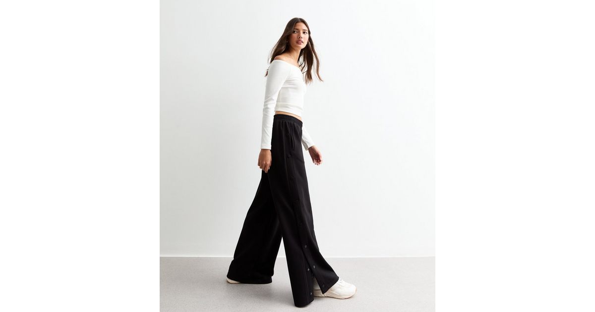 Black Scuba Popper Wide Leg Trousers | New Look