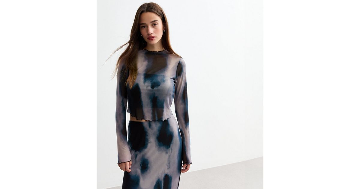 Blue Abstract Print Mesh Long Sleeved Top | New Look