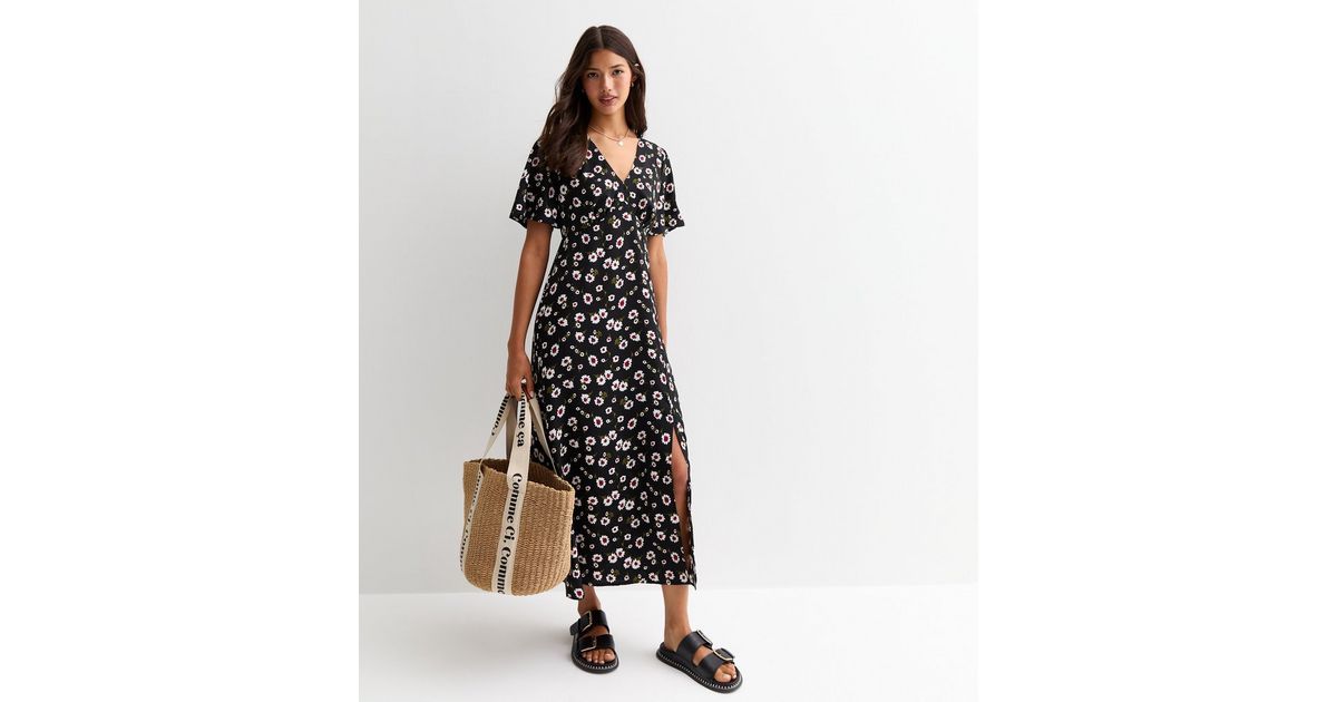 Black Floral Print Split Front Midi Dress | New Look