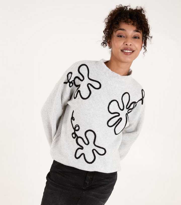 Blue Vanilla Grey Abstract Flower Print Jumper | New Look