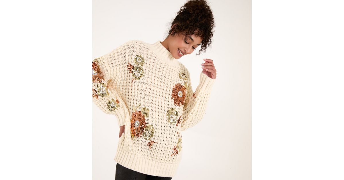 Blue Vanilla Off White Sequin Flower Detail Jumper | New Look