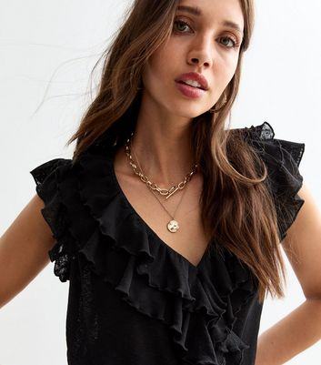 Black Ruffled V-Neck Top | New Look