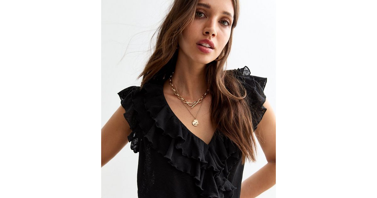 Black Ruffled V-Neck Top | New Look