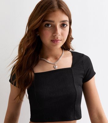 Girls Black Crinkled Square Neck Top | New Look
