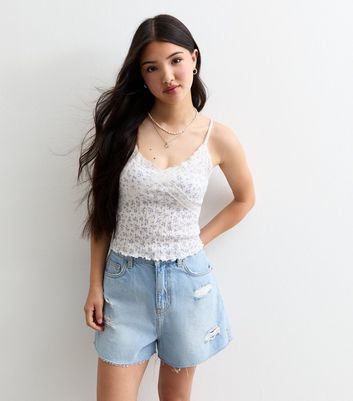 Girls White Floral Lace Trim Pointelle Cami Top | New Look