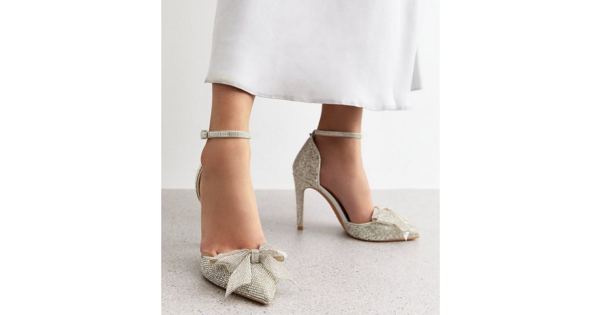 Silver Diamanté Bow Trim Stiletto Heel Court Shoes | New Look