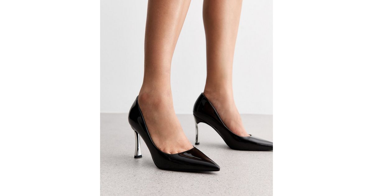 Black Patent Metal Stiletto Heel Court Shoes | New Look
