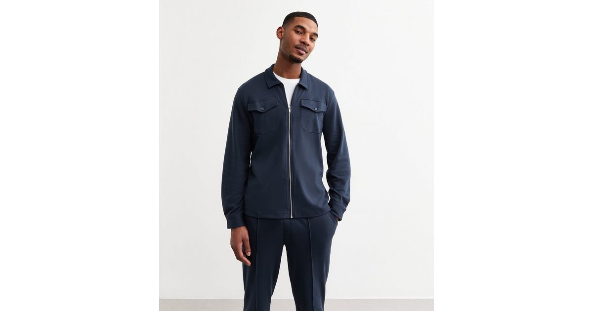 Navy Regular Cotton Blend Zip Up Overshirt | New Look