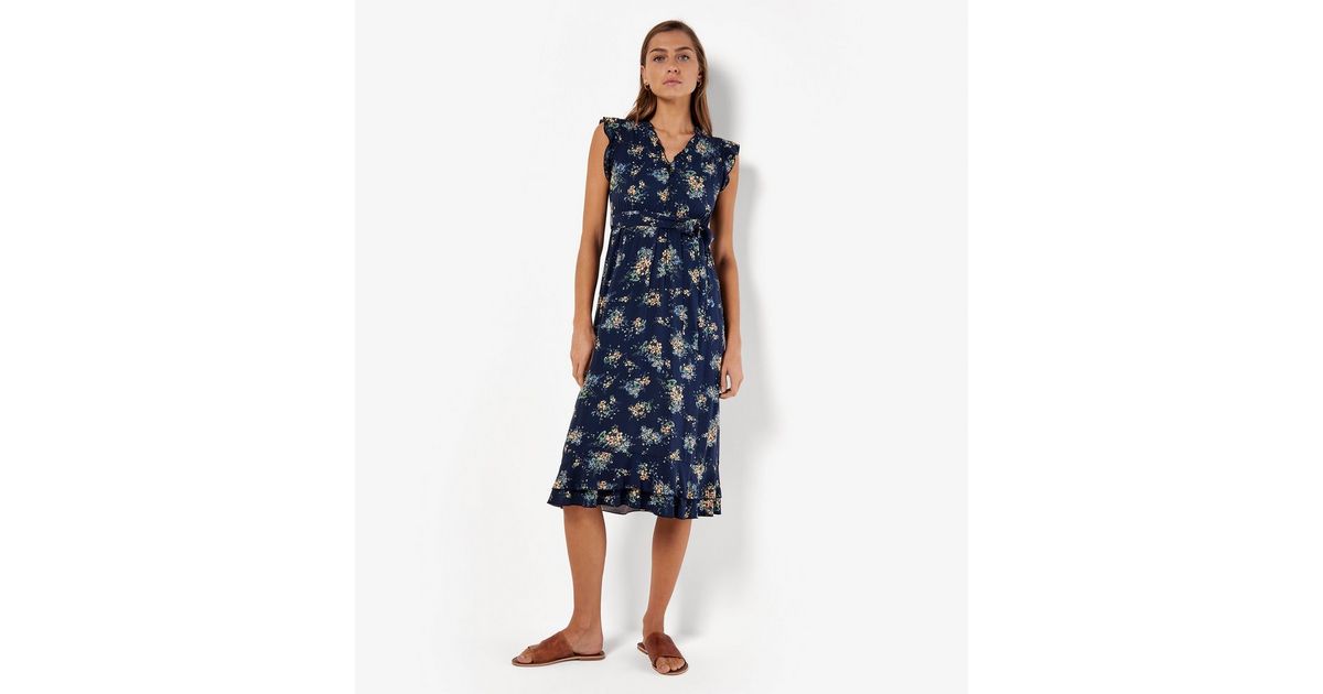 Apricot Navy Floral Frill Midi Dress New Look