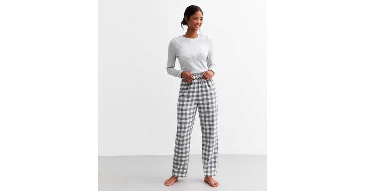 Light Grey Woven Check Wide Leg Pyjama Trousers | New Look