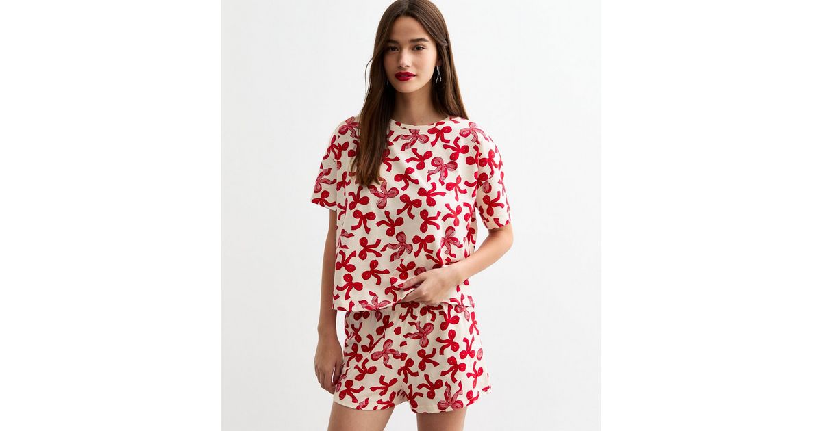 Red Bow Print Shorts Pyjama Set | New Look