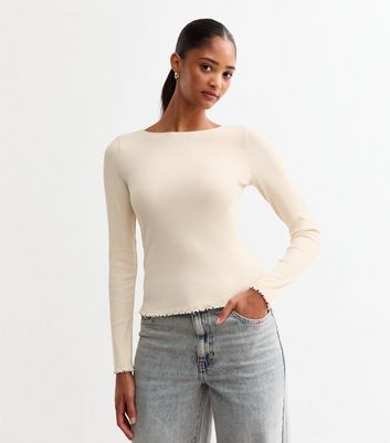 Off White Ribbed Crew Neck Long Sleeved Top | New Look