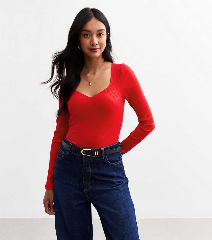 Red Sweetheart Neck Long Sleeve Bodysuit | New Look