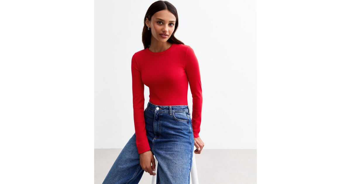 Red Ribbed Crew Neck Long Sleeved Top | New Look