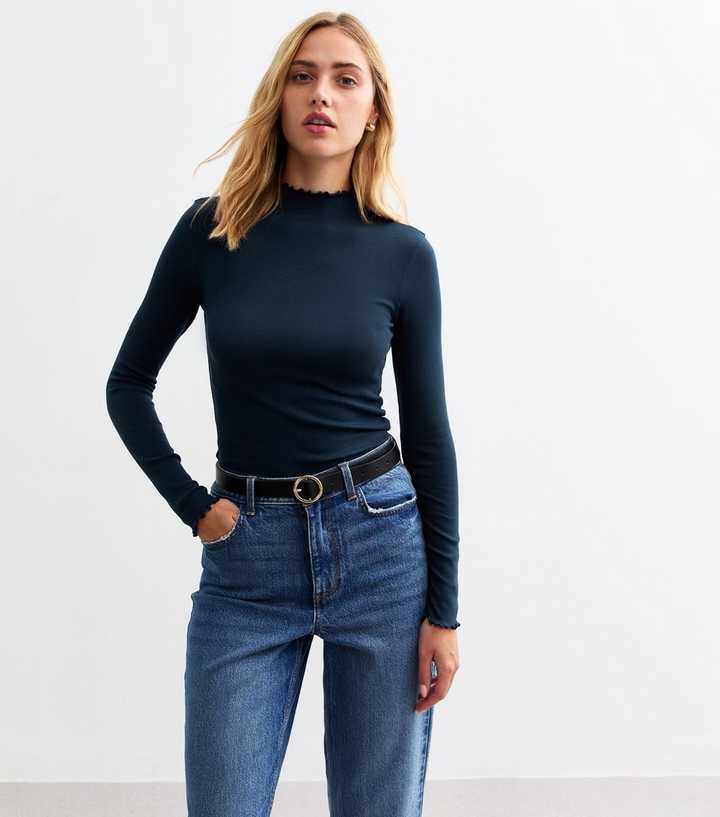 Navy Ribbed High Neck Long Sleeved Top | New Look