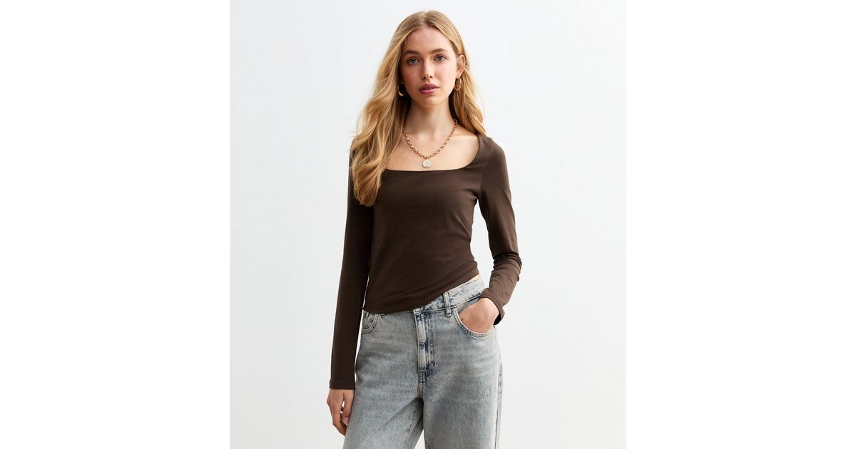 Brown Square Neck Long Sleeve Top | New Look