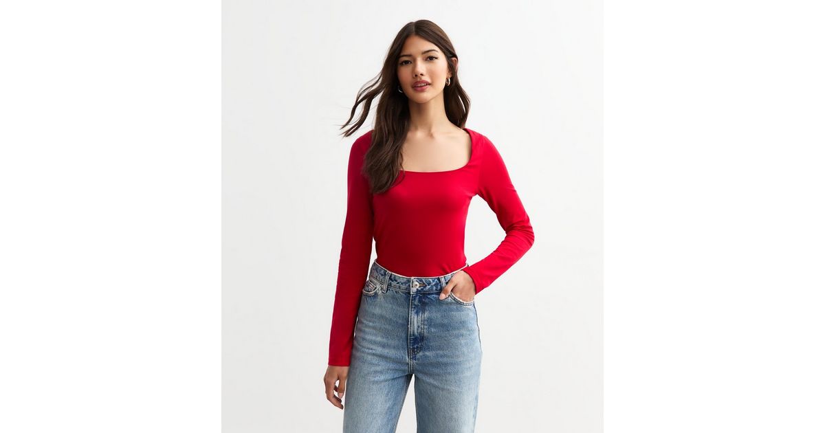 Red Square Neck Long Sleeve Top | New Look