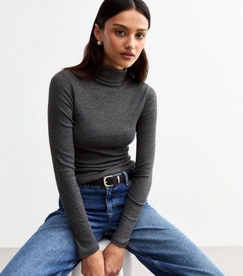 Dark Grey Rib Roll Neck Top | New Look