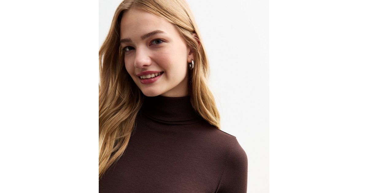 Dark Brown Rib Roll Neck Top | New Look