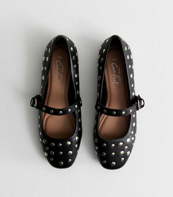 Black Leather Look Studded Ballet Pumps | New Look
