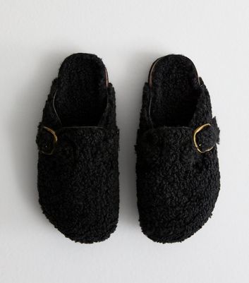 Black Buckled Borg Mule Slippers | New Look