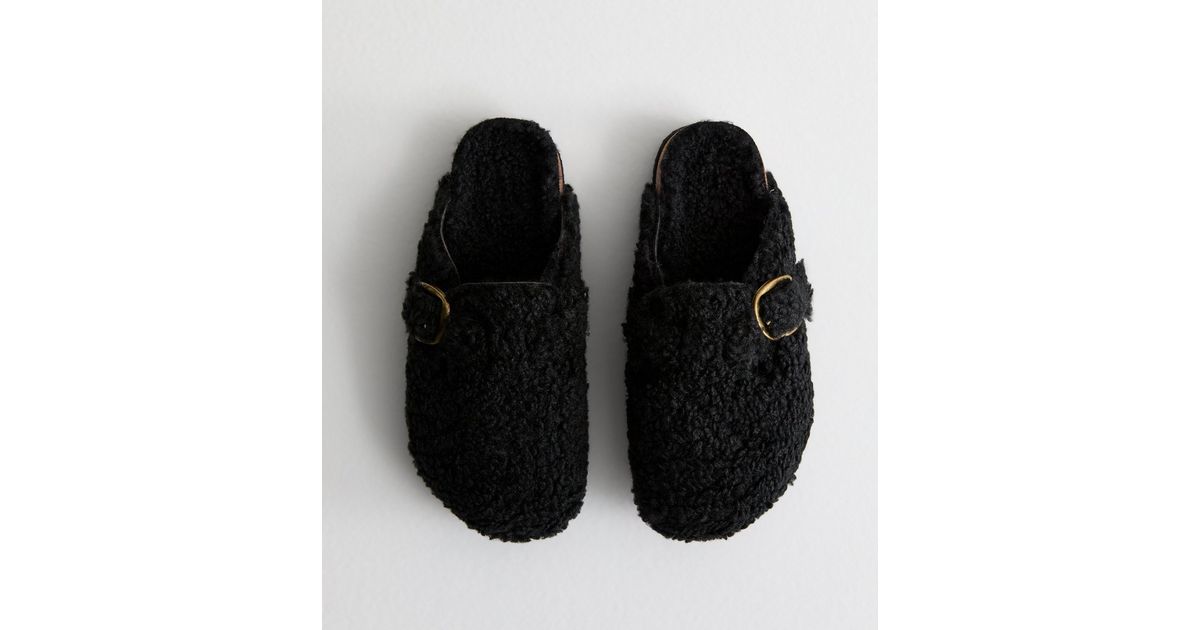 Black Buckled Borg Mule Slippers | New Look