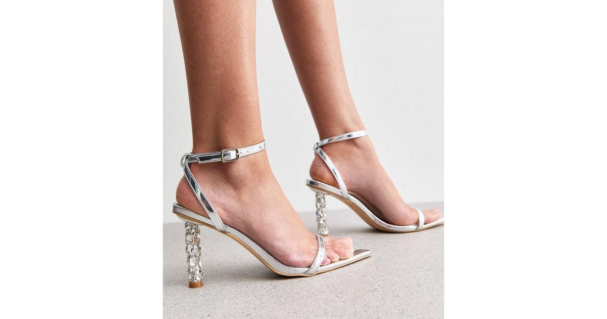 Public Desire Jules Silver Diamanté Heel Sandals | New Look