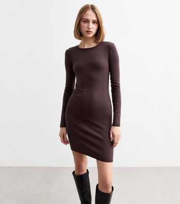 Dark Brown Ribbed Long Sleeved Mini Dress | New Look