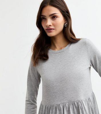 Grey Long Sleeve Smock Mini Dress | New Look
