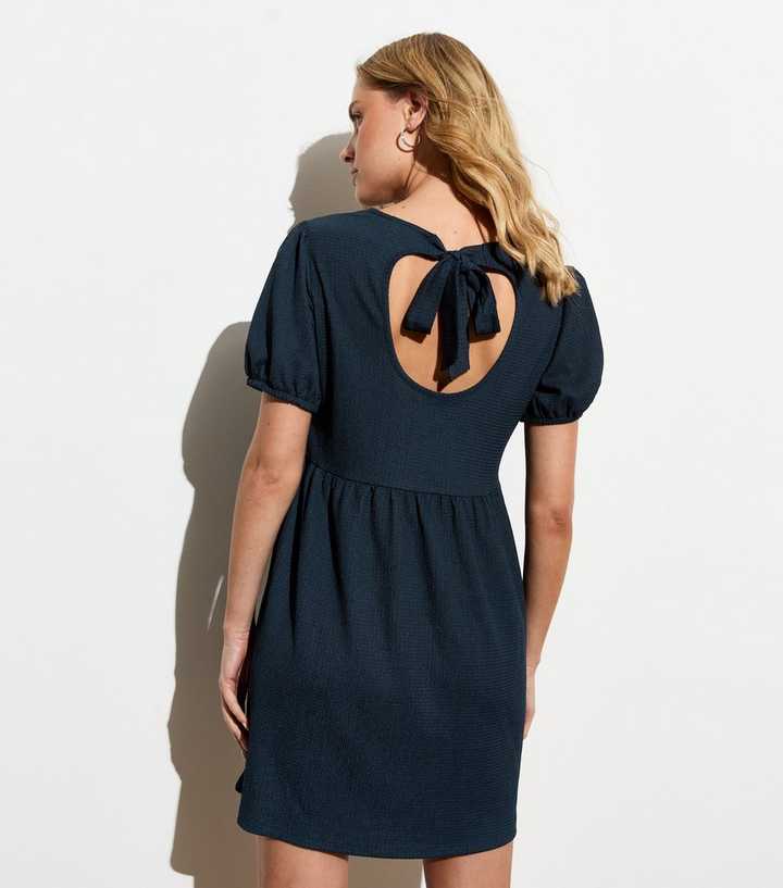 Navy Round Neck Crinkled Mini Dress | New Look