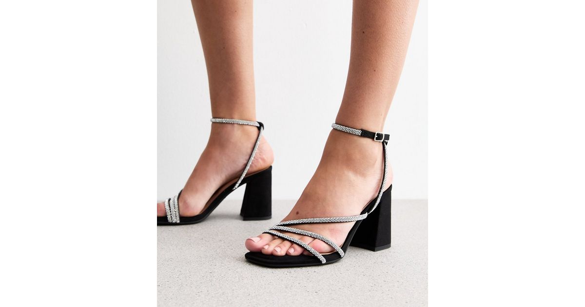 Black Diamante Multi Strap Block Heel Sandals New Look