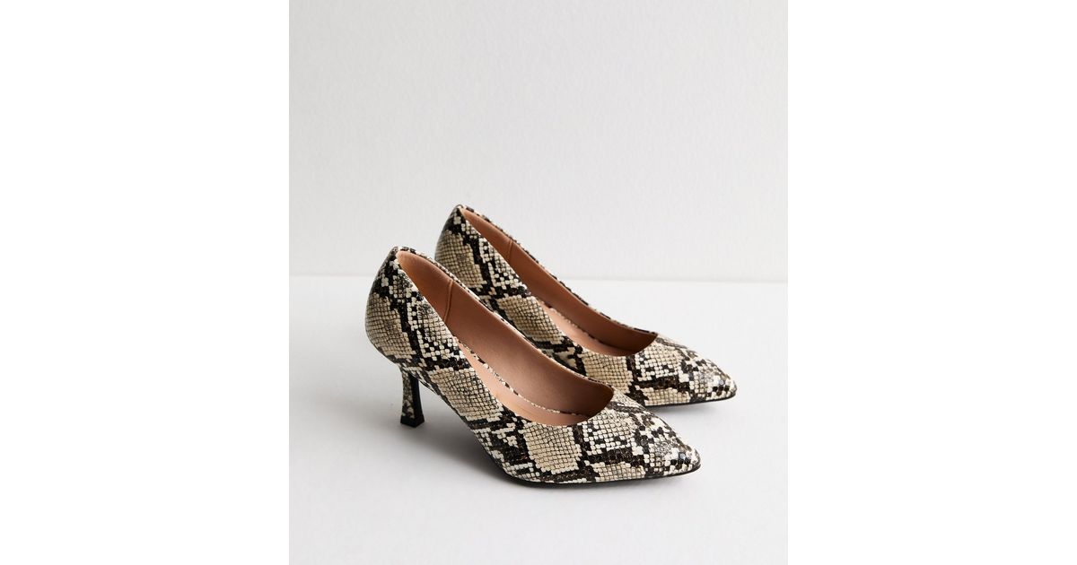 Wide Fit Off White Snakeskin Heel Court Shoes | New Look
