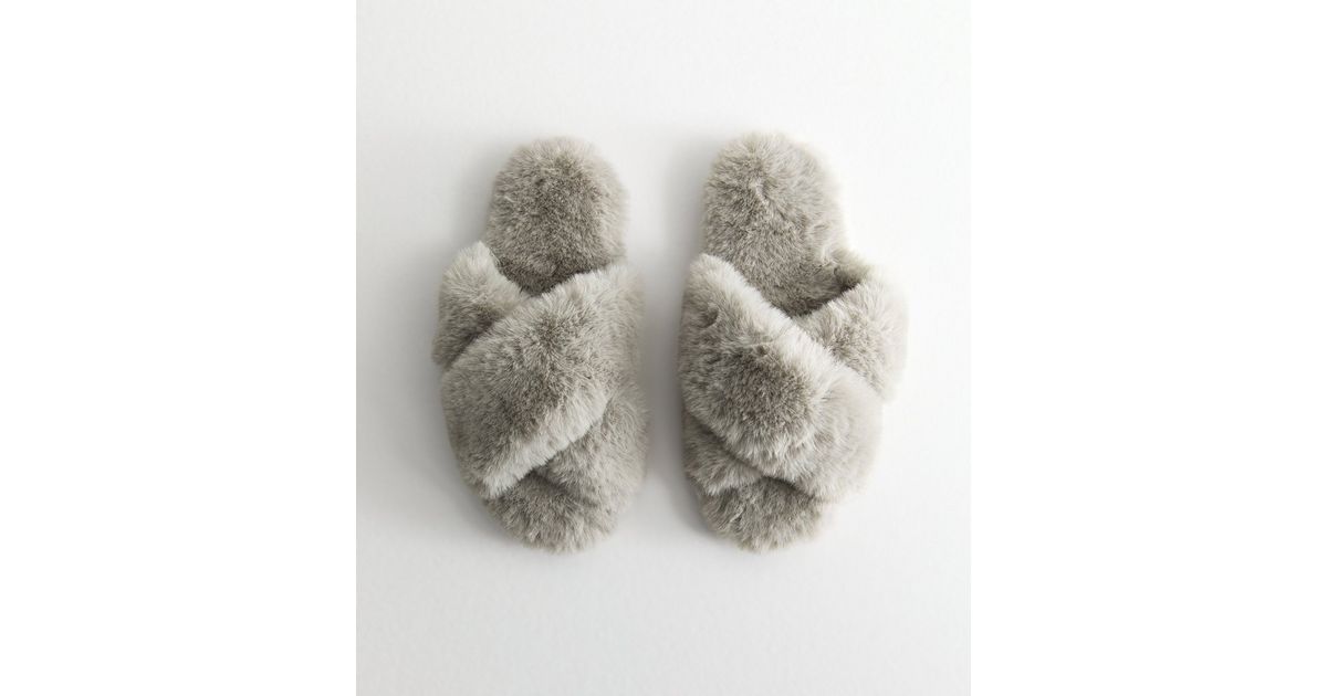 Grey Crossover Faux Fur Mule Slippers | New Look