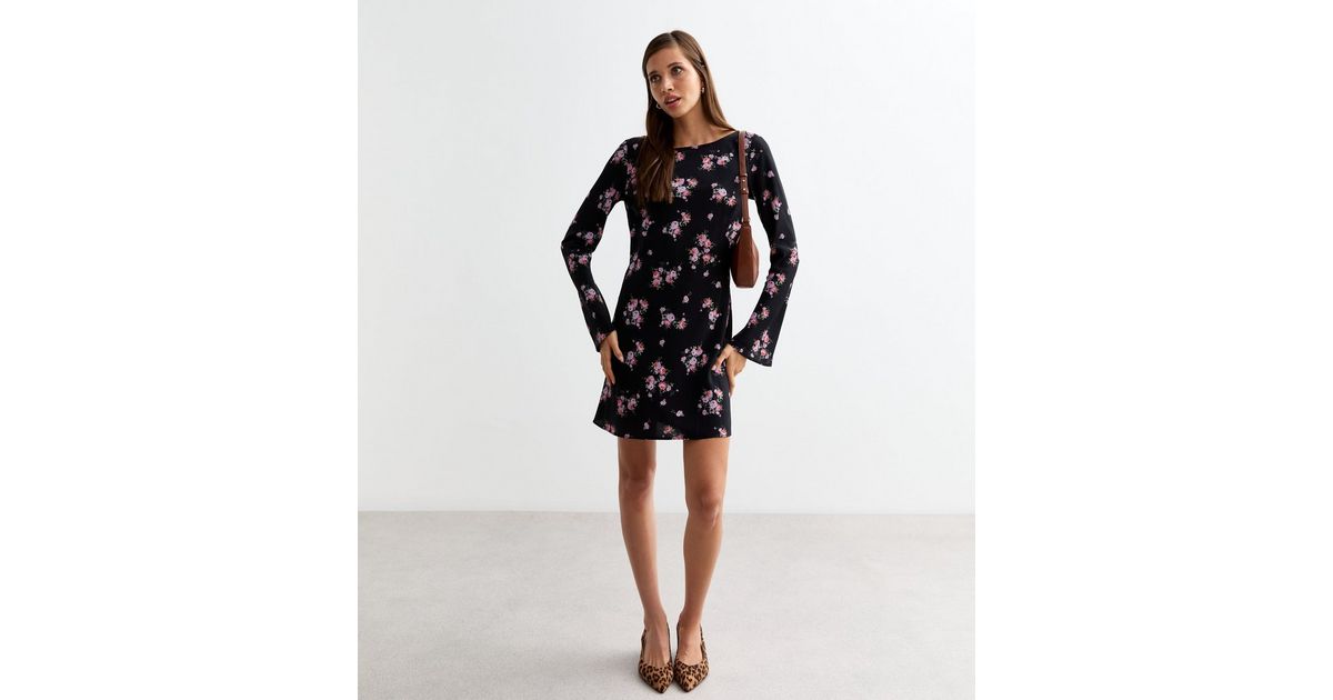 Black Floral Long Sleeve Mini Dress | New Look