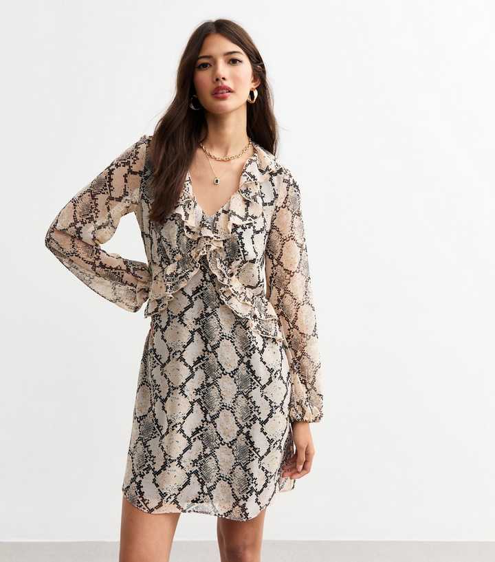 Brown Snake Print Ruffle Long Sleeve Mini Dress | New Look