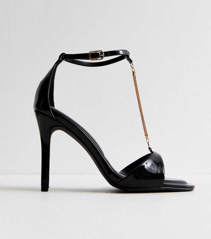 Black Chain Strap Patent Open Toe Court Shoes | New Look