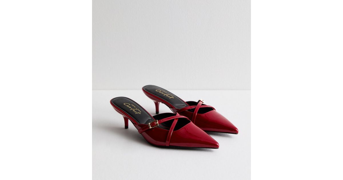 Red Patent Kitten Heel Pointed Mules | New Look