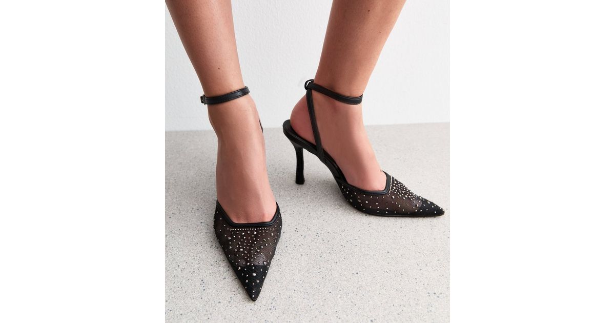 Black Stud Embellished Mesh Court Shoes | New Look