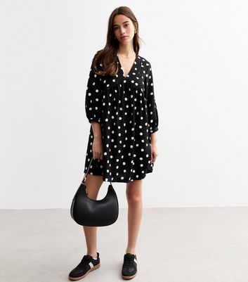 Black Polka Dot Mini Smock Dress | New Look
