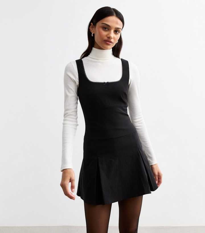 Black Tailored Bow Pleated Micro Mini Dress | New Look