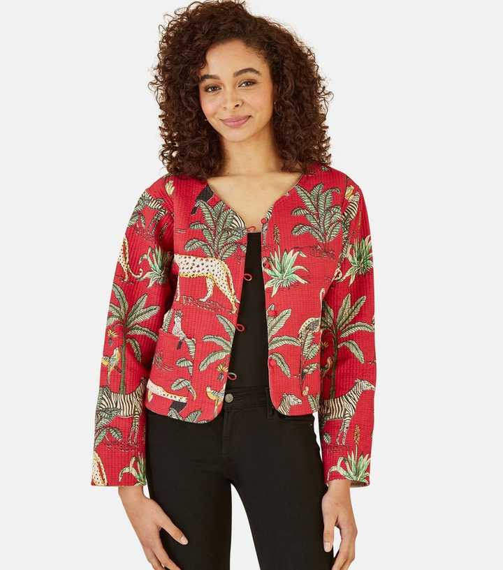 Yumi Red Cotton Animal Print Reversible Jacket | New Look