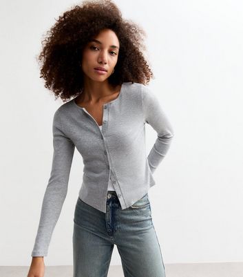 Grey Rib Crew Neck Cardigan | New Look