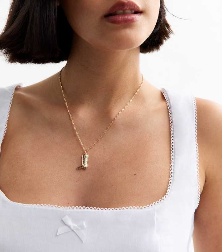 Gold Tone Cowboy Boot Pendant Chain Necklace | New Look