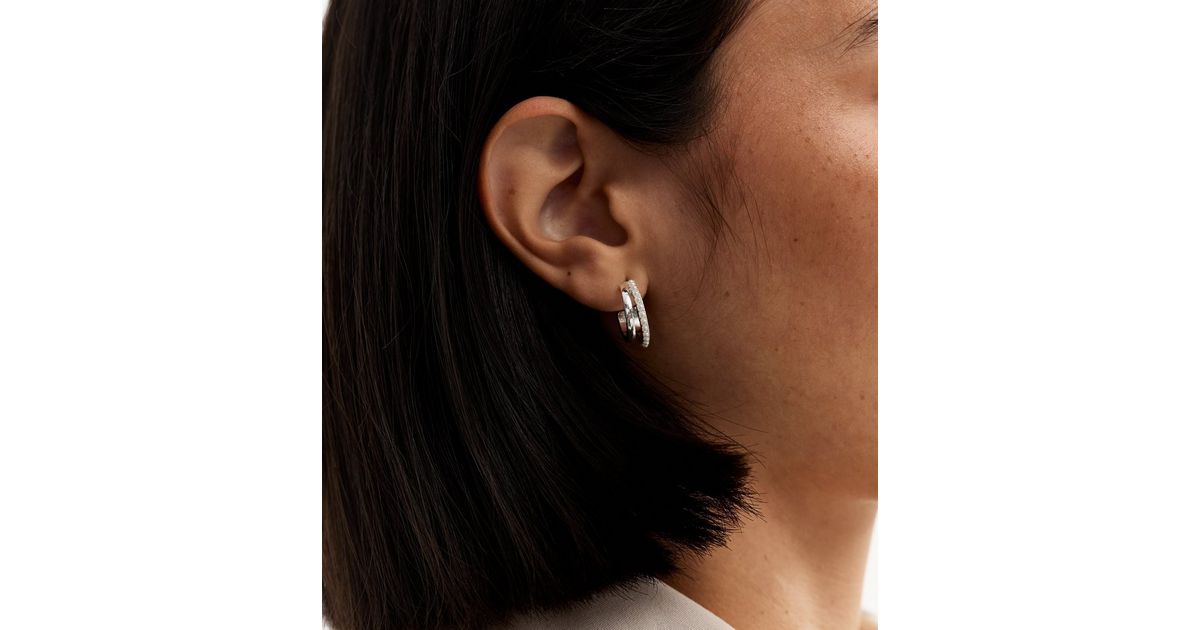 Silver Tone Faux Pearl Double Row Hoop Earrings | New Look