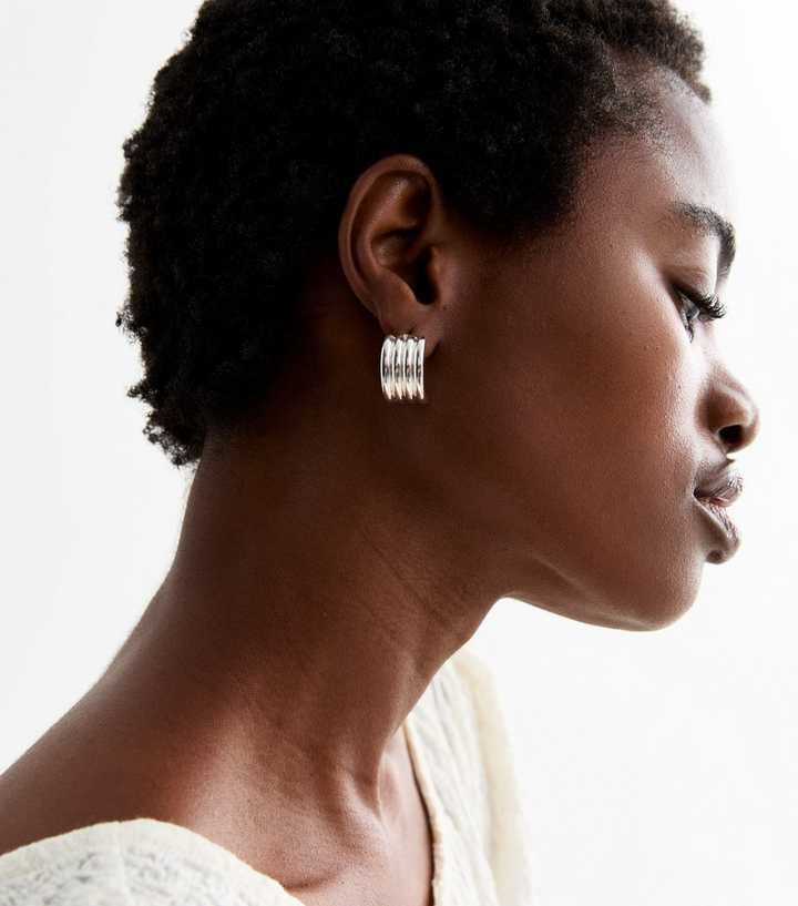 Silver Tone Textured Curved Tube Stud Earrings | New Look