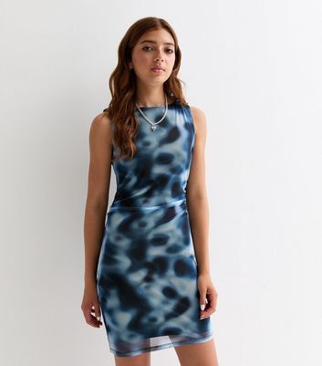 Girls Blue Blur-Print Sleeveless Mesh Dress | New Look