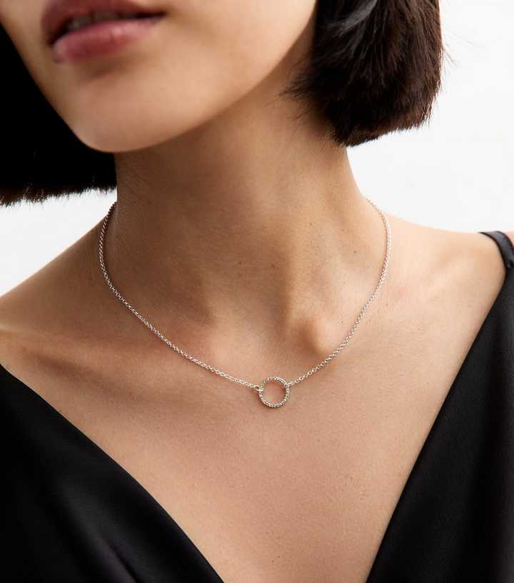 Silver Plated Diamante Open Circle Pendant Necklace | New Look