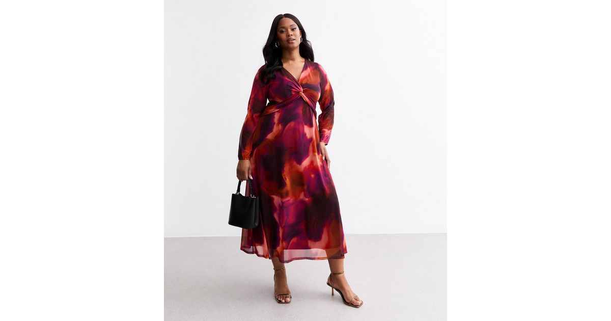 Curves Red Abstract Print Twist Front Mesh Midi Dress | New Look