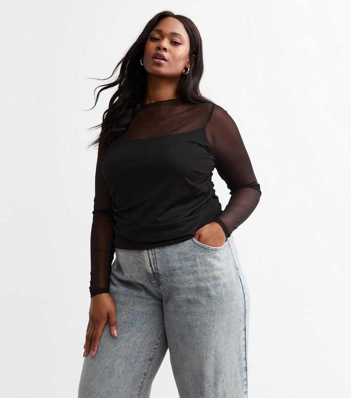 Curves Black Ruched Mesh Long Sleeved Top | New Look