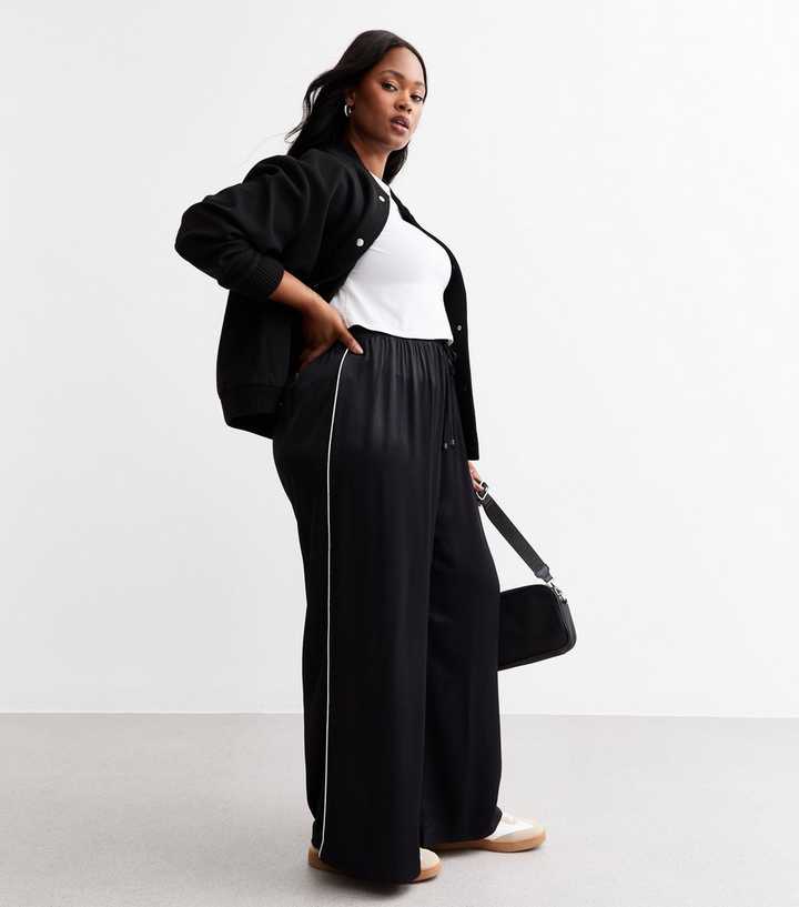 Curves Black Side Stripe Satin Wide Leg Trousers | New Look